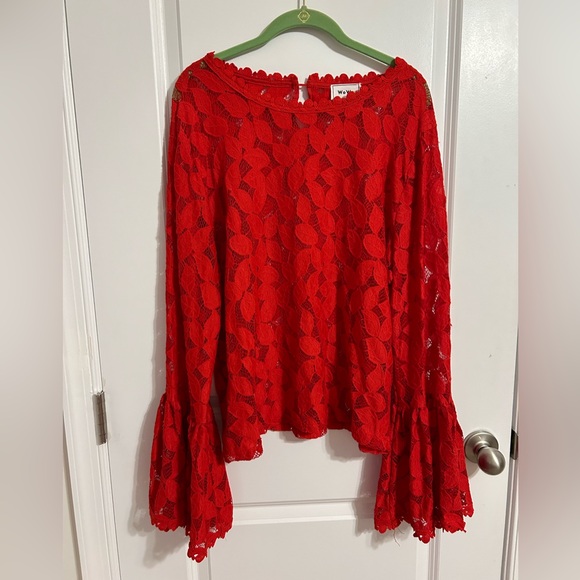 Tops | Vibrant Red Lace Blouse Long Sleeves Flare At The Wrist Figure ...